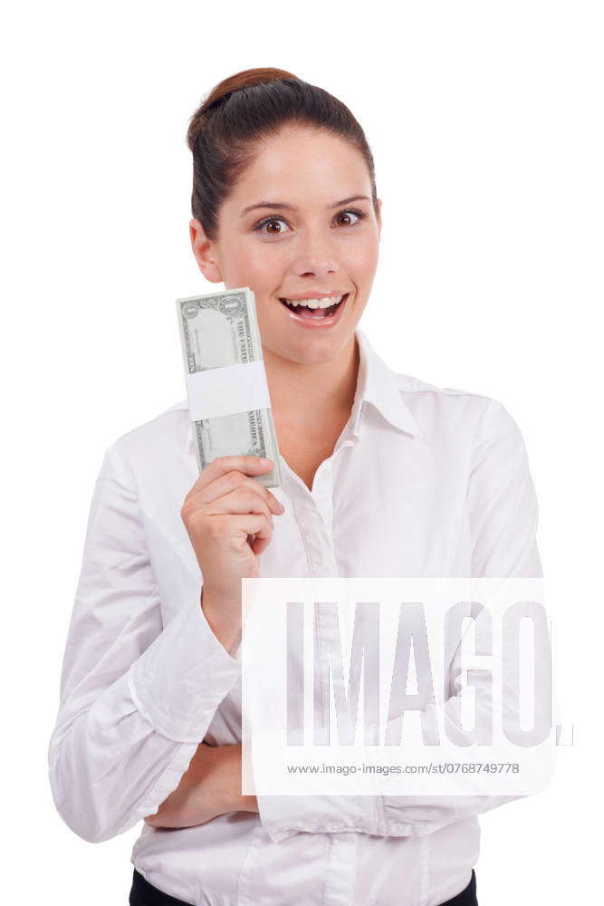 Portrait, surprise money and studio woman with cash prize, finance ...