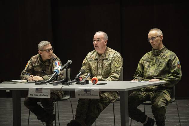 French brigadier general Eric Lendroit (L), U.S Major General John L ...