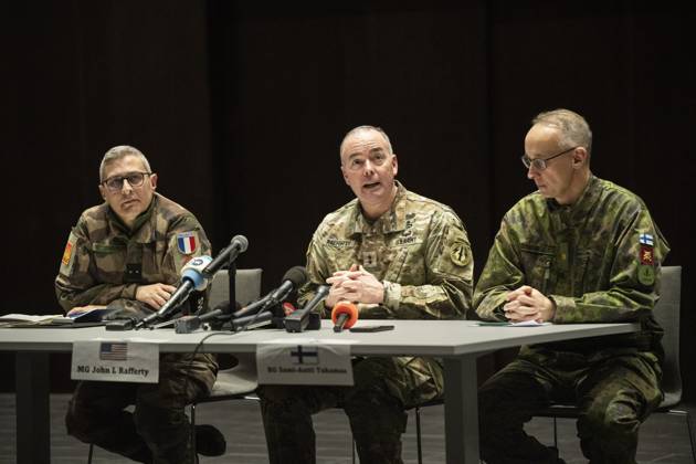 French brigadier general Eric Lendroit (L), U.S Major General John L ...