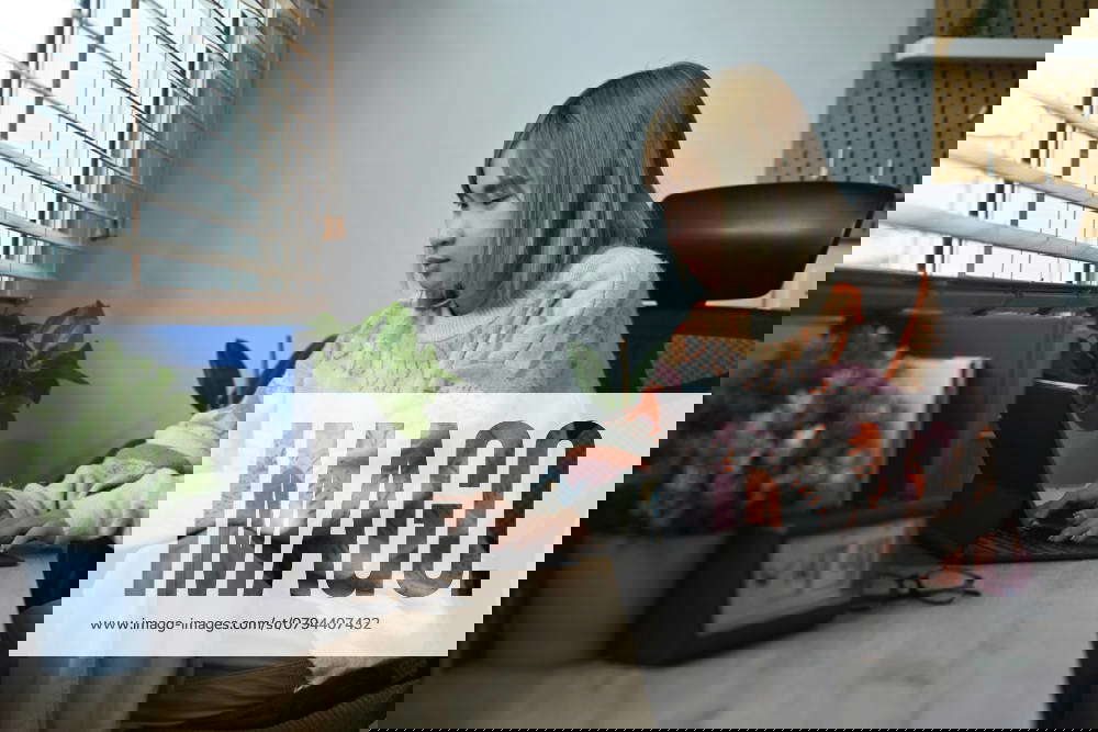 Side view female freelancer working at home with computer tablet., model released