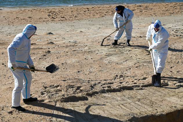 RUSSIA, ANAPA - FEBRUARY 8, 2025: Volunteers sift sand during an oil ...