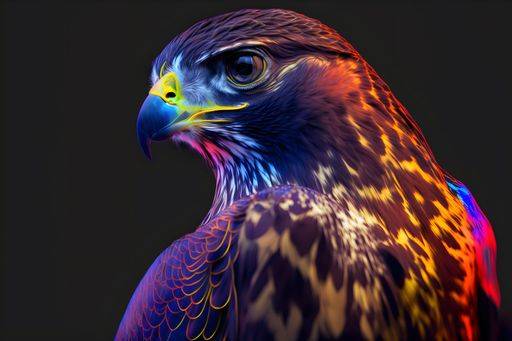 Macro illustration of a multicolored hawk on a dark background. Neon ...