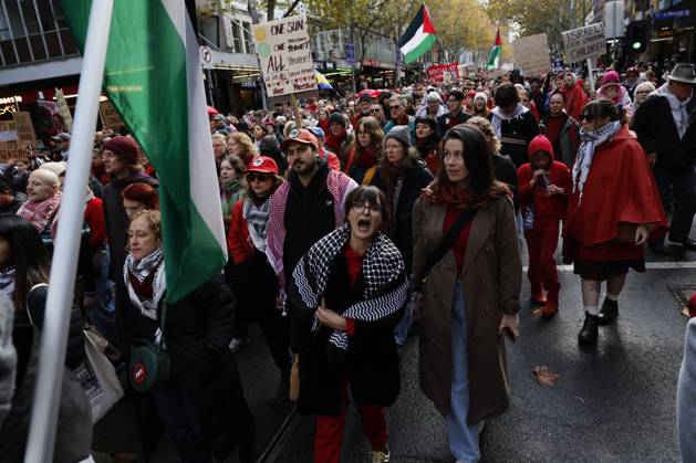 FREE PALESTINE RALLY, Demonstrators march during a Pro-Palestine rally ...